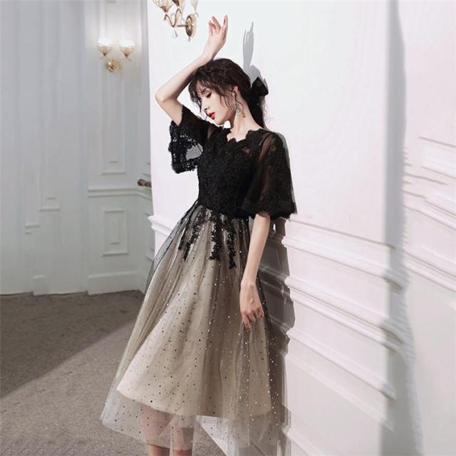 パーティードレス ブラック レース 20代 30代 ミモレ丈ドレス 黒 シャンパン グラデーション オシャレ キレイめ 結婚式ドレス 40代 二次会 お呼ばれドレス