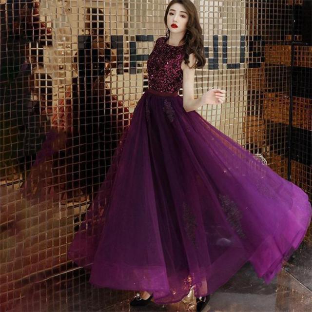 パーティードレス レディース ロングワンピース イブニングドレス ノースリーブ パープル スパンコール キレイめ 発表会 演奏会 誕生日