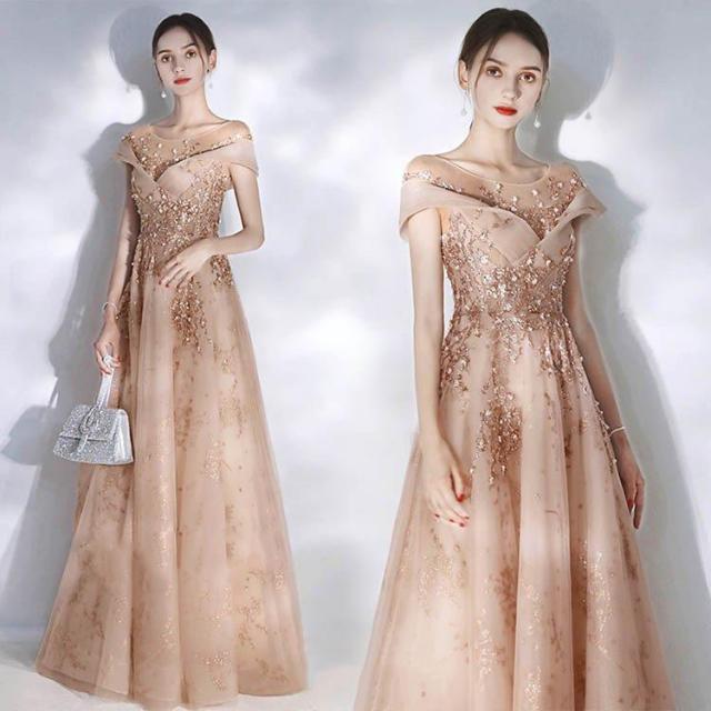 イブニングドレス シャンパン色 パーティードレス 20代 30代 チュール ドレス Aライン サーキュラー ロング丈 半袖 マキシ丈 40代 二次会 お呼ばれドレス