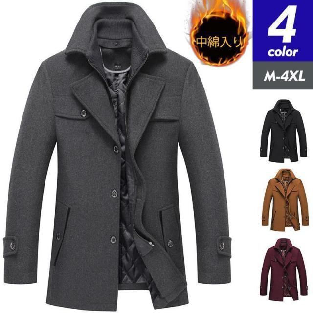 チェスターコート コート メンズ ビジネスコート 中綿コート アウター ステンカラー カジュアル ウール 保温 暖か メンズコート 冬物 通勤 通学