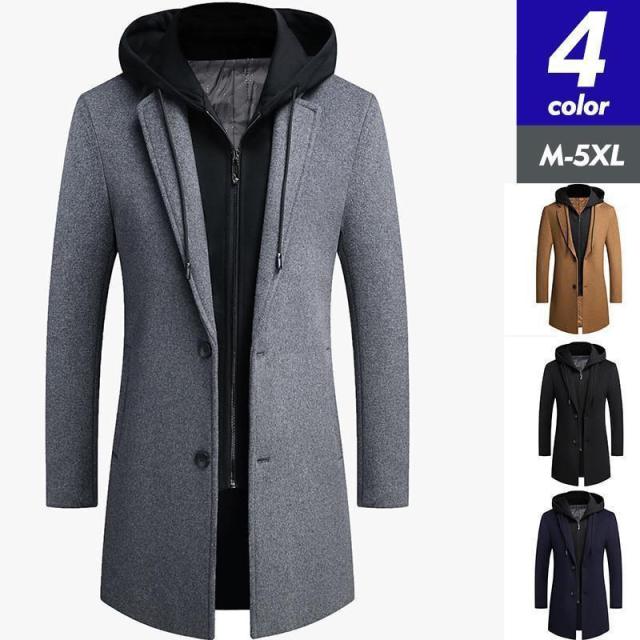 チェスターコート メンズ ロング フェイクレイヤード アウター フード付き 取り外せ カジュアル 大きいサイズ 厚手 防寒 秋冬 通勤 おしゃれ 上品