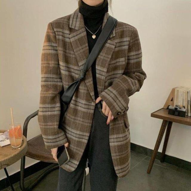 テーラードジャケット チェック ジャケット レディース アウター 秋冬 チェックジャケット おしゃれ レトロ 秋 冬 通勤服 オフィス カジュアル 韓国