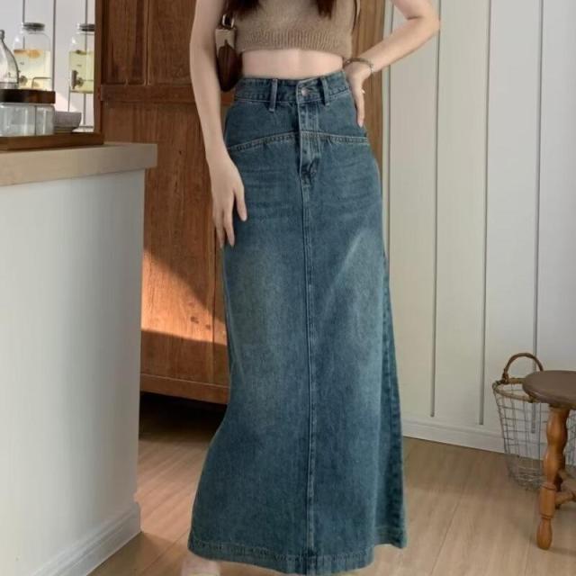デニムスカート レディース ふんわり ロング スカート デニム ファッション Aライン フレアスカート 体型カバー ロング丈 マキシスカート フロントボタン