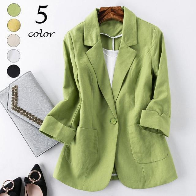 サマージャケット レディース リネンジャケット 白 ジャケット 綿麻 アウター 上品 春 夏 テーラードジャケット 7分袖 ベージュ 綿麻ジャケット