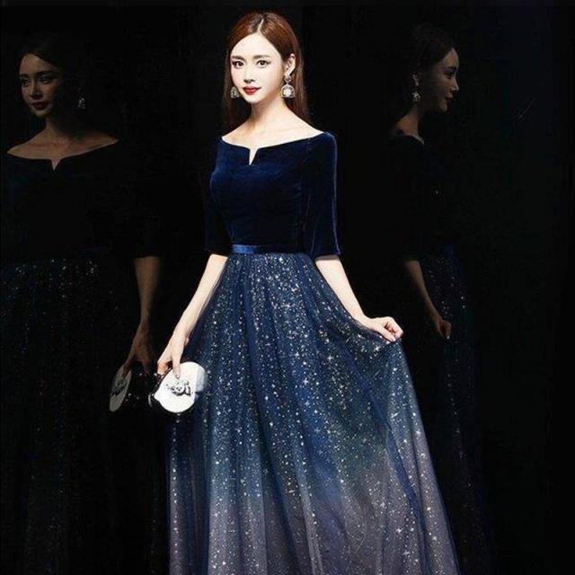 ロングドレス 演奏会 結婚式 ドレス 袖あり マキシ丈 aライン パーティードレス ピアノ 発表会 二次会 ウェディング 花嫁 上品 大人 高級 紺 卒業式