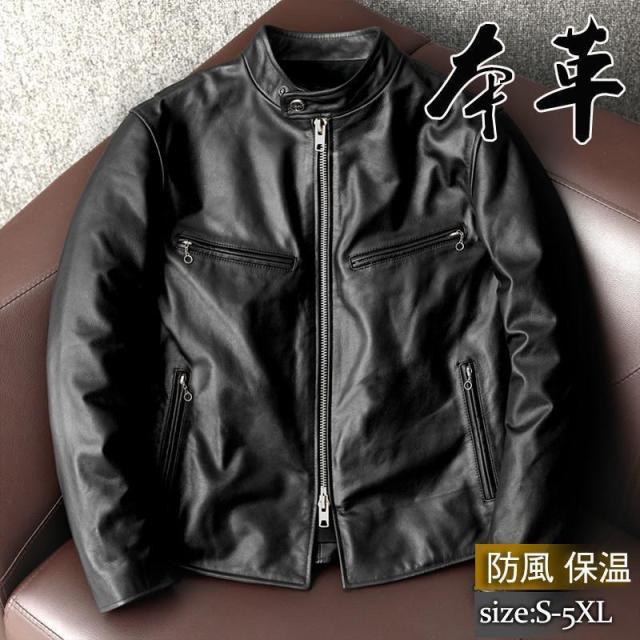 ライダースジャケット メンズ シングル 革ジャン 本革 レザージャケット 皮ジャン バイク 立ち襟 防風 ブルゾン B系 秋冬 冬服 バイカー