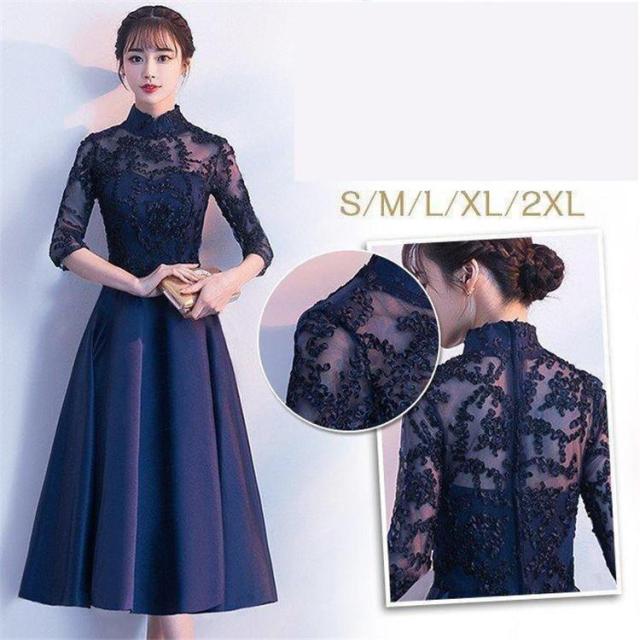 パーティードレス 演奏会 パーティドレス チャイナ風 大きいサイズ お呼ばれドレス 上品 二次会ドレス ドレス 結婚式 ワンピース キレイめ 袖あり ロングドレス