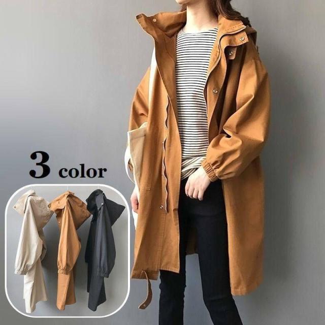 モッズコート スプリングコート 長袖 レディース アウター フード付き ジップアップ スナップボタン ポケット付き 袖ゴム 上着 羽織り 婦人服