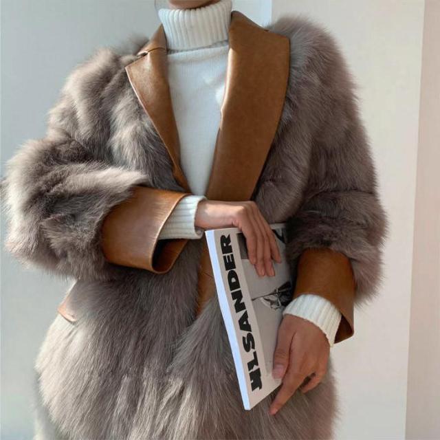 毛皮 ファーコート チェスターコート レディース アウター お洒落 ミディアム丈 PU革 切替 フェイクファーコート もこもこ 冬 防寒 ゆったり テーラード OL 通勤