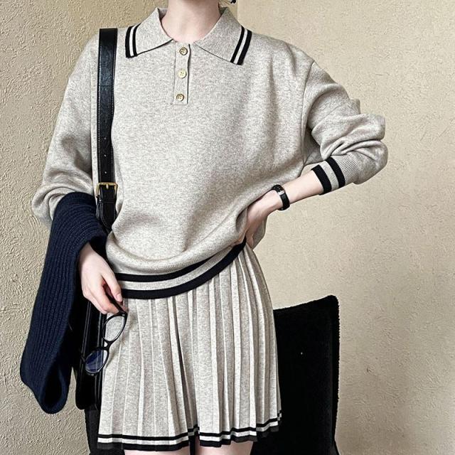 学院風ポロネックパーカー+ハイウエストプリーツのミニスカートスーツ 女子 可愛い