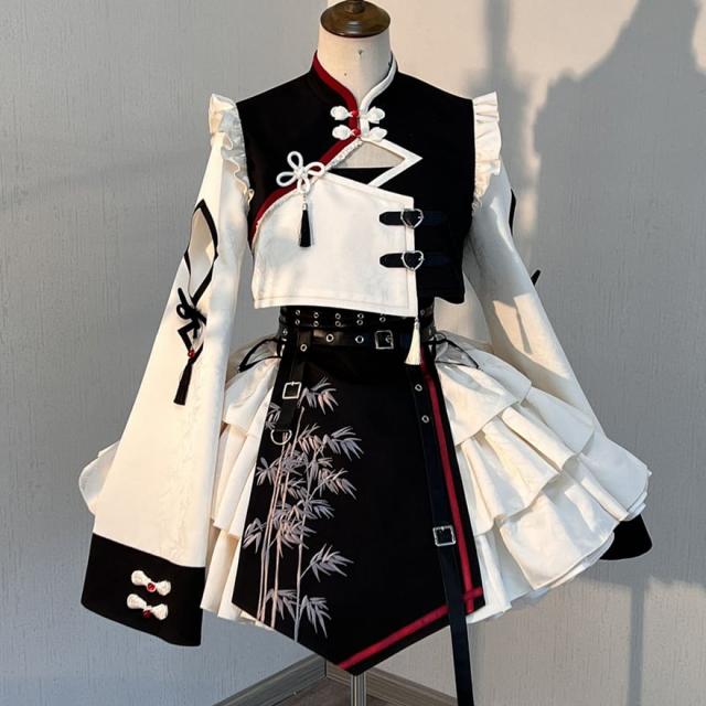 【即納】  チャイナ風 中華ロリータ スタンドネック ジャケット ジャンパースカート ヘッドドレス タッセル 刺繍 イベント衣装 ステージ衣装 撮影会衣装