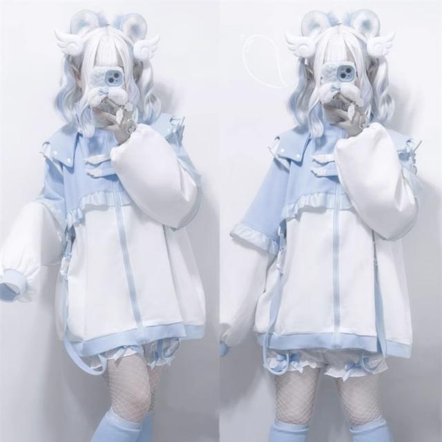 【即納】天使界隈 地雷系 可愛い服 セットアップ 付け袖 オールシーズン 水色フーディ レッグウォーマー2点セット 量産型・ゆめかわコーデ