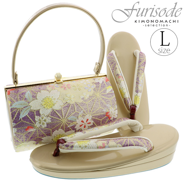 【Prices down】振袖 草履バッグセット「青藤×ゴールド 麻の葉に雪輪、桜」振袖草履 Lサイズ 1の2枚芯 振袖小物 [送料無料]＜T＞ss2512zbg25