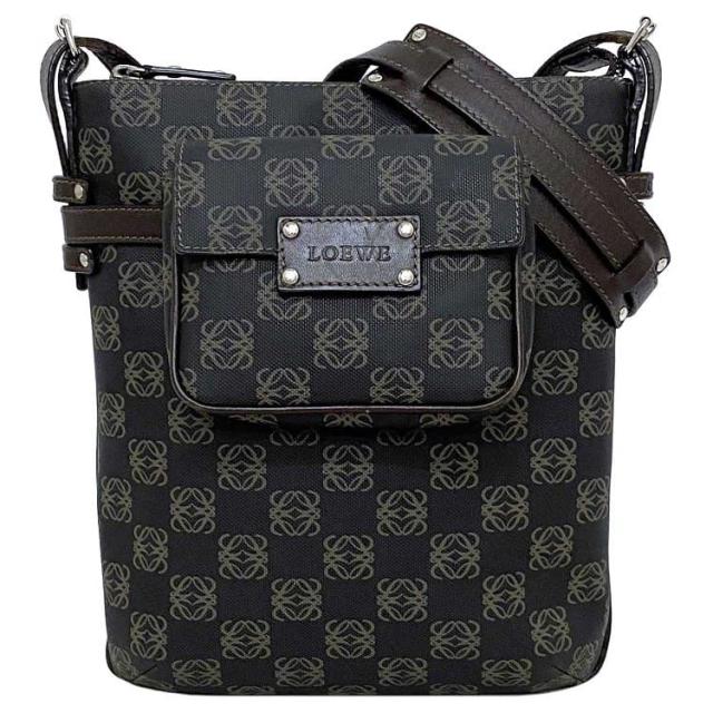 ロエベ ショルダーバッグ グレー ブラウン アナグラム 美品 ポーチ付 PVC レザー 中古 LOEWE 斜め掛け ロゴ ファスナー  定番 人気 女性 レディース 通勤 通学 肩掛け 革 総柄 ワンポイント お洒落 シンプル カジュアル エレガンス 上品 ブランド 本物 鑑定済み