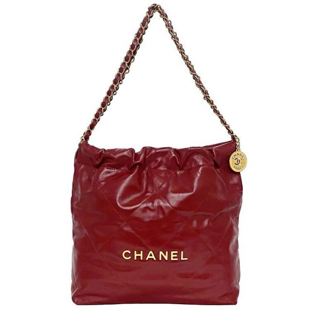 シャネル 巾着 ハンドバッグ レッド シャネル22 AS3260 美品 チェーン トートバッグ レザー カーフスキン 中古 JCEA9C3A CHANEL マドラス ゴールド金具 赤 マット金具 バケット 金色 レア ヴィンテージ ステッチ 肩掛け ショルダー ロゴ  ブランド 本物 鑑定済