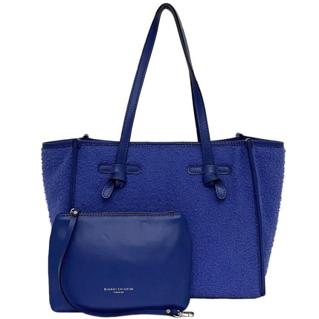 ジャンニキアリーニ トートバッグ ブルー ec-20440 美品 ポーチ付き コットンキャンバス レザー 中古 GIANNI CHIARINI 肩掛け 書類 軽い 自立 a4 収納力 普段使い 旅行 通勤 人気 女性 レディース ポーチ エレガント 鞄 カジュアル ブランド 本物 鑑定済み