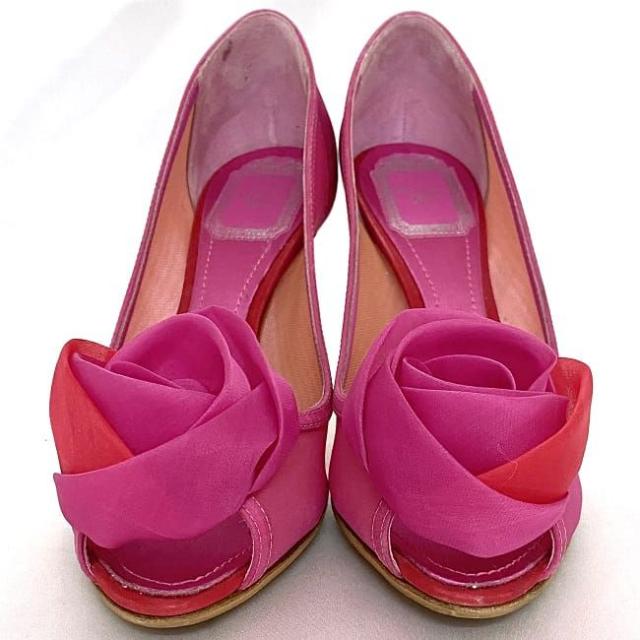 クリスチャン ディオール パンプス ピンク ec-20469 24.0cm 美品 メッシュ  中古 Christian Dior アパレル フラワー レディース シューズ 花 定番 人気 女性 上品 お洒落 高級感 アクセント 靴 ワンポイント エレガント 高級感 お洒落 ブランド 本物 鑑定済み