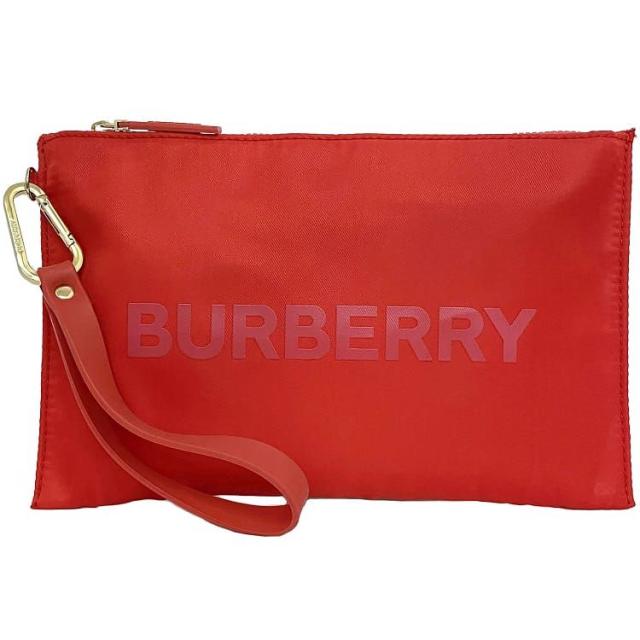 バーバリー ポーチ レッド ec-20623 美品 小物入れ マチなし ナイロン ラバー 中古 BURBERRY ストラップ付 カラビナ ロゴ ファスナー ハンドル 定番 人気 女性 レディース 赤 シンプル ワンポイント お洒落 カジュアル 小さい 高級感 ブランド 本物 鑑定済み