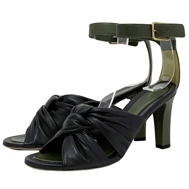 セリーヌ ヒール サンダル カーキ ブラック ec-20708 美品 22.0cm レザー 中古 CELINE 8cm レディース シーズ ヴィンテージ 定番 人気 女性 通勤 通学 黒 革 シンプル お洒落 エレガント 靴 脚長 美脚 シック ブランドシューズ 高級感 ブランド 本物 鑑定済み