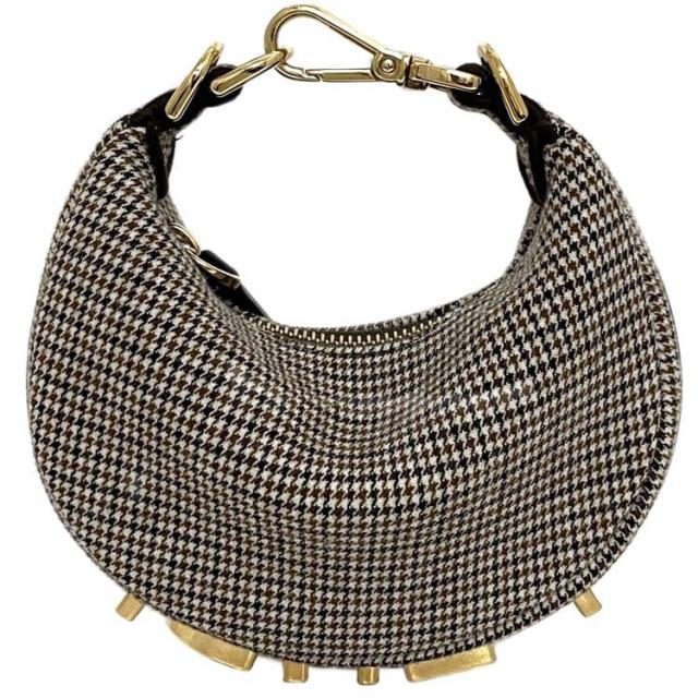 フェンディ ハンドバッグ ナノ フェンディグラフィ ブラウン 千鳥柄 7AS089 f-20555 美品 ミニ パーティバッグ キャンバス レザー 中古 FENDI ロゴ ゴールド金具 ミニハンド ロゴ金具 レア マイクロバッグ ホーボー クラッチバッグ 茶色 ブランド 本物 鑑定済み