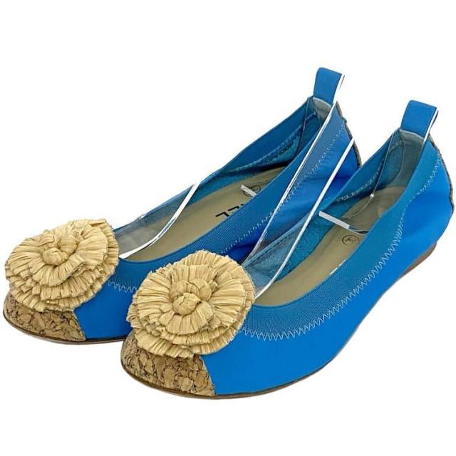 シャネル バレエシューズ ec-21062 ブルー ベージュ カメリア ココマーク 美品 23.5cm フラットシューズ レザー キャンバス コルク 中古 CHANEL アパレル 花 シューズ 靴 レディース 青 ヴィンテージ フラワーモチーフ ストロー素材 レア ブランド 本物 鑑定済