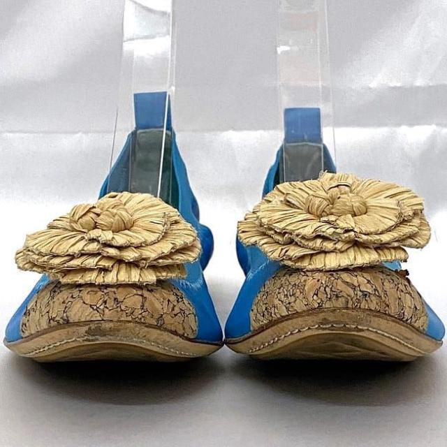 シャネル バレエシューズ ec-21062 ブルー ベージュ カメリア ココマーク 美品 23.5cm フラットシューズ レザー キャンバス コルク 中古 CHANEL アパレル 花 シューズ 靴 レディース 青 ヴィンテージ フラワーモチーフ ストロー素材 レア ブランド 本物 鑑定済