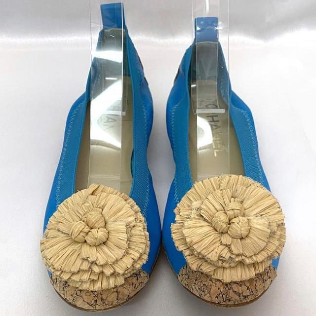 シャネル バレエシューズ ec-21062 ブルー ベージュ カメリア ココマーク 美品 23.5cm フラットシューズ レザー キャンバス コルク 中古 CHANEL アパレル 花 シューズ 靴 レディース 青 ヴィンテージ フラワーモチーフ ストロー素材 レア ブランド 本物 鑑定済