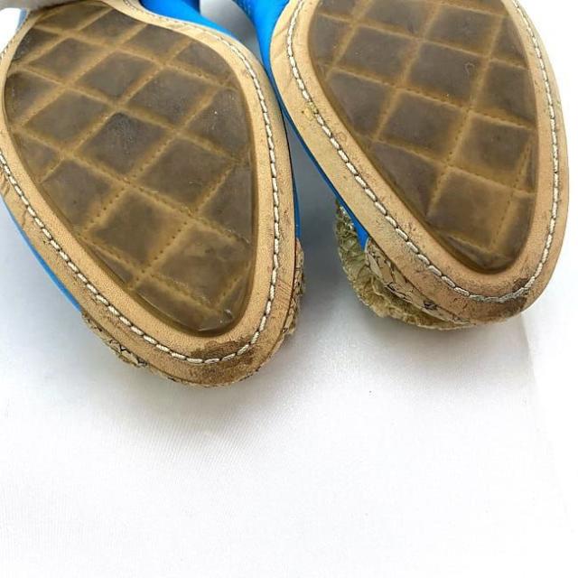 シャネル バレエシューズ ec-21062 ブルー ベージュ カメリア ココマーク 美品 23.5cm フラットシューズ レザー キャンバス コルク 中古 CHANEL アパレル 花 シューズ 靴 レディース 青 ヴィンテージ フラワーモチーフ ストロー素材 レア ブランド 本物 鑑定済