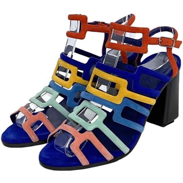 エルメス サンダル ec-21356 ネイビー マルチカラー 141157Z 3H 350 美品 22.5cm レザー スエード 中古 HERMES アパレル ヴィンテージ レディース シューズ 靴 カラフル ビビッド 定番 人気 お洒落 女性 ヒール 箱付き カジュアル ブランド 本物 鑑定済み