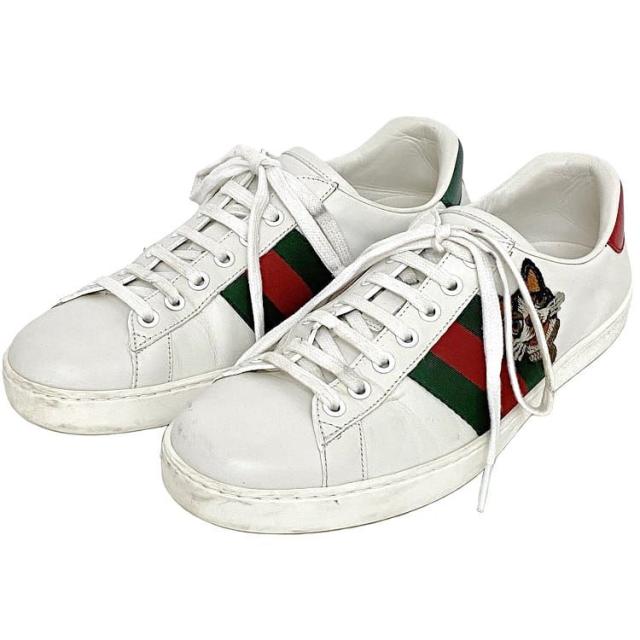 グッチ スニーカー ec-21420 ホワイト シェリー ボスコ 501907 靴 25.0cm メンズ レザー 中古 GUCCI アパレル ローカット シューズ 犬 ワッペン 白 赤 緑 定番 人気 お洒落 シンプル 箱付き 高級感 普段使い 動物 モチーフ カジュアル ブランド 本物 鑑定済み