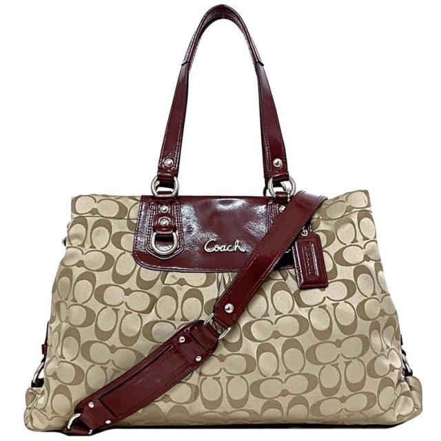コーチ ２way トートバッグ ec-21743 ベージュ ボルドー シグネチャー F15510 美品 ショルダーバッグ キャンバス エナメル レザー 中古 COACH 軽い 総柄 ハンドバッグ 肩掛け ロゴ 定番 人気 レディース 通勤 通学 トート お洒落 上品 ブランド 本物 鑑定済み