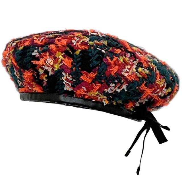 グッチ ベレー帽 ec-21831 グリーン レッド ブラック GG マーモント 729140 3HARE 未使用 美品 帽子 Ｍサイズ ウール レザー ツイード Sランク GUCCI リボン アパレル マルチカラー サイドロゴ 人気 定番 女性 レディース お洒落 上品 ブランド 本物 鑑定済み