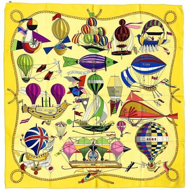 エルメス スカーフ カレ 90 ec-21946 イエロー LES FOLIES DU CIEL 美品 大空の狂気 シルク 100％ 中古 HERMES アパレル 大判 クリーニング済み ヴィンテージ 人気 定番 お洒落 上品 高級感 シンプル エレガント 女性 レディース 黄色 ブランド 本物 鑑定済み
