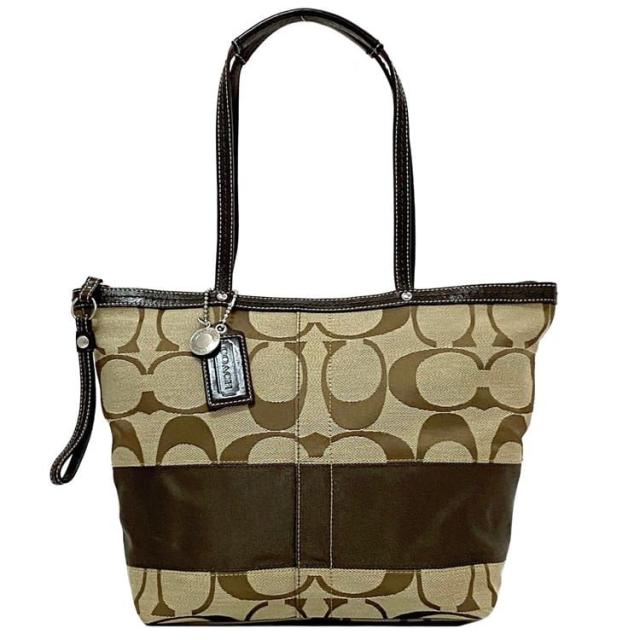 コーチ トートバッグ ec-21962 ベージュ ブラウン シグネチャー F13548 美品 キャンバス レザー 中古 COACH 肩掛け チャーム付 軽い ファスナー ロゴ 定番 人気 レディース トート 通勤 通学 仕事 ビジネス お洒落 エレガント 高級感 ブランド 本物 鑑定済み