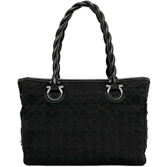 サルヴァトーレ フェラガモ トートバッグ ec-22120 ブラック ガンチーニ 美品 キャンバス レザー 中古 GG-21 B260 Salvatore Ferragamo 軽い 肩掛け ロゴ エンボス ファスナー 人気 定番 お洒落 上品 高級感 シンプル レディース 黒 ブランド 本物 鑑定済み