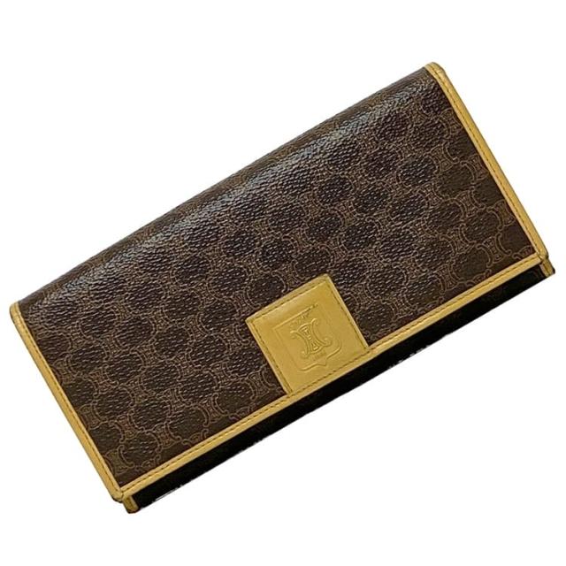 セリーヌ 二つ折り がま口 長財布 ec-22258 ブラウン キャメル マカダム 財布 PVC レザー 中古 M13 CELINE ロング がまぐち ホック ウォレット ヴィンテージ ロゴ 定番 人気 革 お洒落 女性 レディース 小物 レトロ エレガント 高級感 ブランド 本物 鑑定済み
