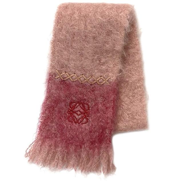 ロエベ マフラー ec-22267 ピンク レッド グラデーション アナグラム クリーニング済み 美品 モヘア ウール 中古 LOEWE アパレル フリンジ ロゴ 刺繍 ストール ヴィンテージ レディース メンズ ワンポイント バイカラー 定番 人気 ブランド 本物 鑑定済み
