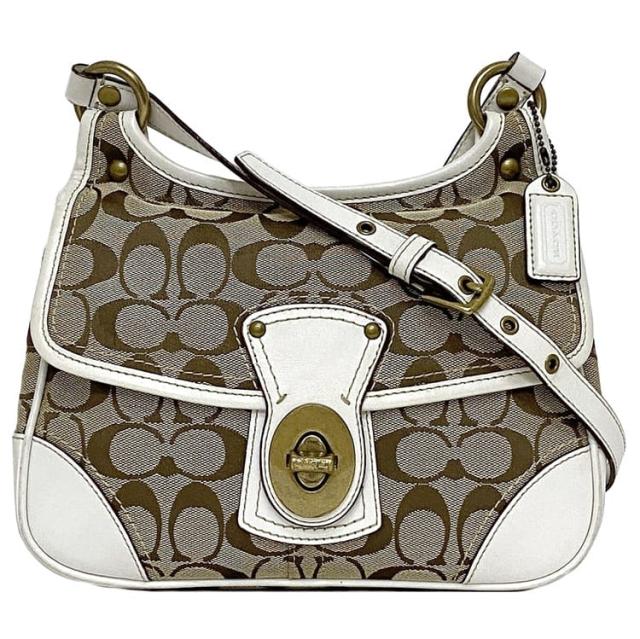 コーチ ショルダーバッグ ec-22295 ベージュ ホワイト シグネチャー 10567 美品 レザー キャンバス 中古 COACH クロスボディ ポシェット ロゴ 総柄 ミニバッグ フラップ 定番 人気 レディース 白色 革 バッグ 小さい コンパクト 高級感 ブランド 本物 鑑定済み