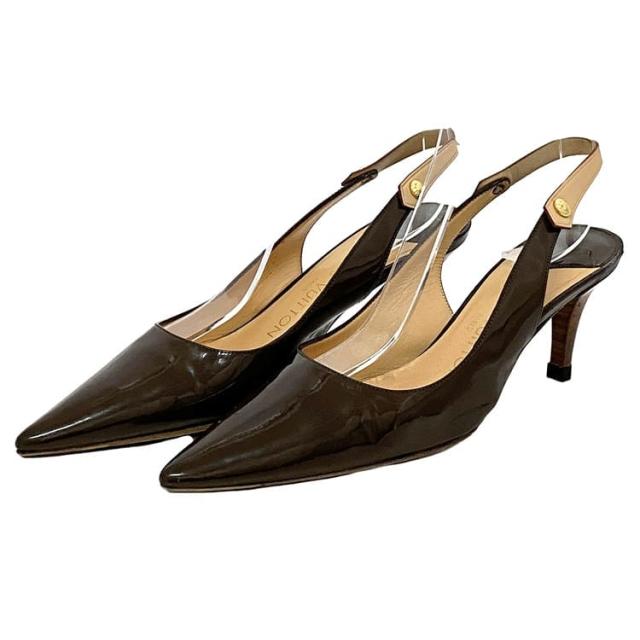 ルイ ヴィトン ミュール ec-22366 ブラウン ベージュ 美品 22.0cm パテント レザー ヌメ革 中古 BO0064 LOUIS VUITTON ピンヒール レディース シューズ アパレル エナメル シンプル お洒落 靴 通勤 通学 仕事 ヒール 6cm 高級感 上品 ブランド 本物 鑑定済み