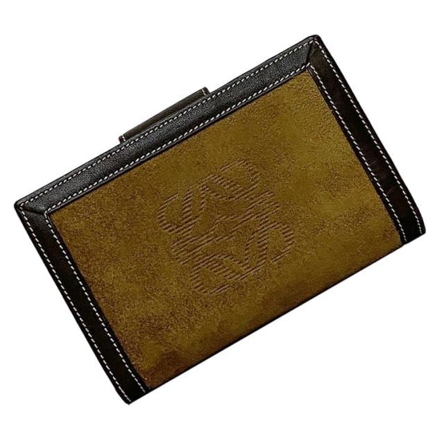ロエベ 二つ折り がまぐち 財布 ec-22495 ブラウン ベージュ アナグラム 21.09.11 美品 レザー スエード 中古 LOEWE 折り財布 ガマグチ コンパクト ヴィンテージ ロゴ 定番 人気 レディース 革 小物 シンプル お洒落 ウォレット 高級感 ブランド 本物 鑑定済み