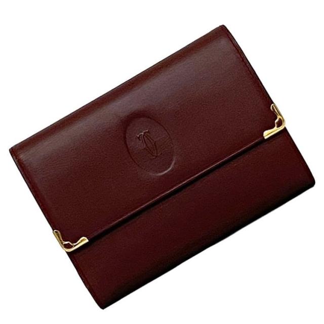 カルティエ 三つ折り がま口 財布 ec-22560 ボルドー マスト L3000087 美品 レザー 中古 Cartier ヴィンテージ 折り財布 ワンポイント ロゴ ホック ガマグチ 人気 定番 お洒落 上品 高級感 女性 男性 レディース メンズ ユニセックス ブランド 本物 鑑定済み