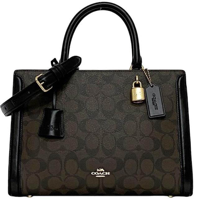 コーチ ２way バッグ ec-22590 ブラウン ブラック シグネチャー F69075 美品 PVC レザー 中古 COACH ショルダーバッグ ハンドバッグ 自立 チャーム付 ロゴ トートバッグ 茶色 黒 人気 定番 お洒落 上品 高級感 シンプル エレガント ブランド 本物 鑑定済み