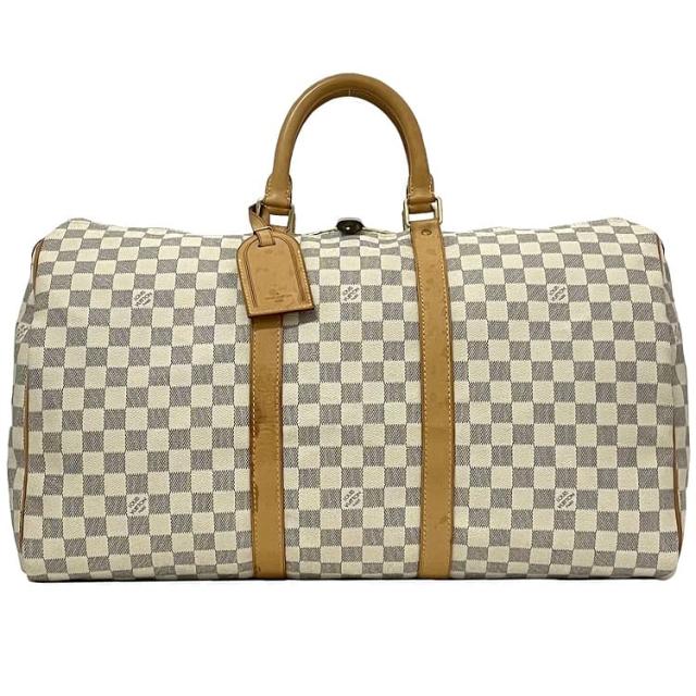 ルイ ヴィトン ボストンバッグ キーポル 50 ec-22816 ホワイト グレー ベージュ ダミエ アズール N41430 美品 ダミエキャンバス ヌメ革 中古 MB2007 LOUIS VUITTON 旅行鞄 白 ファスナー 鍵付き 大容量 軽い 50cm ロゴ レディース メンズ ブランド 本物 鑑定済