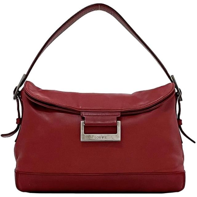 ロエベ セミショルダー バッグ ec-22985 レッド 美品 レザー ナッパレザー 中古 020306 LOEWE 肩掛け 赤 ワンショルダー ハンドバッグ シンプル ソフトレザー ヴィンテージ ナパレザー ベルト フラップ シルバー金具 レディース ブランド 本物 鑑定済み