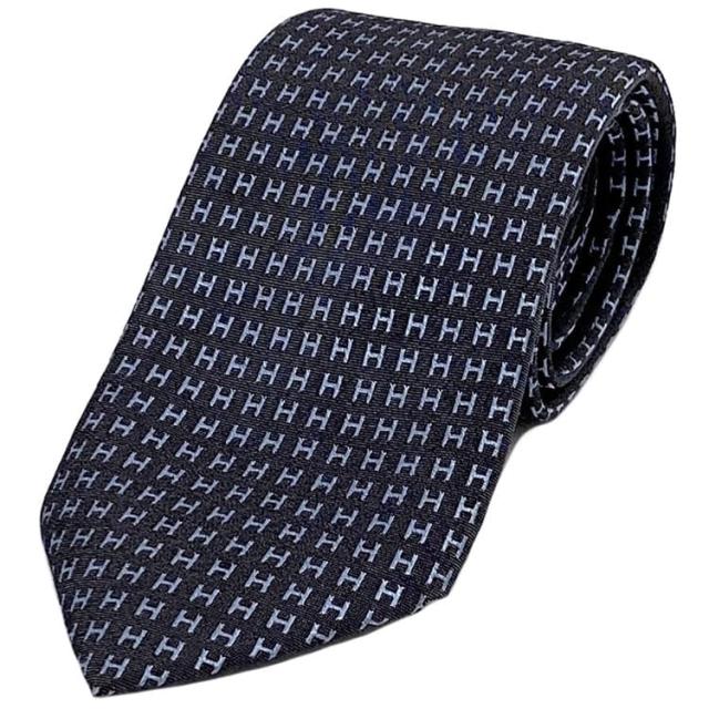 エルメス ネクタイ ec-23210 グレー ネイビー 美品 クリーニング済み シルク 100％ 中古 HERMES ビジネス Ｈロゴ 刺繍 メンズ スーツ 定番 人気 灰色 紺色 お洒落 シンプル 通勤 通学 仕事 エレガント 男性 小物 アパレル 高級感 上品 ブランド 本物 鑑定済み