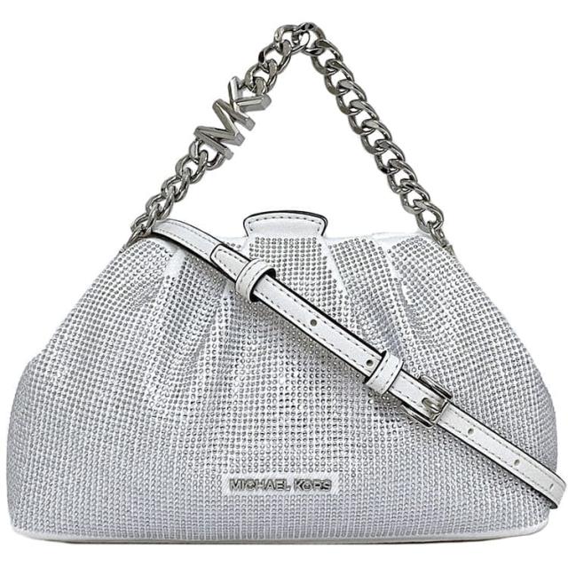 マイケルコース ３way クラッチバッグ ノラ スモール ec-23288 ホワイト 35T4S7NC5C 未使用 美品 コットンキャンバス ラインストーン Sランク MICHAEL KORS クロスボディ がま口 MK ロゴ ビジュー ハンドバッグ チェーンバッグ ギフト ブランド 本物 鑑定済み