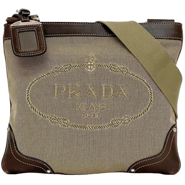 プラダ ショルダーバッグ ec-23321 ベージュ ブラウン BT0536 美品 ジャガード キャンバス レザー 中古 134 PRADA ロゴ クロスボディ ファスナー サコッシュ ヴィンテージ 定番 人気 お洒落 上品 高級感 シンプル カジュアル 茶色 ブランド 本物 鑑定済み