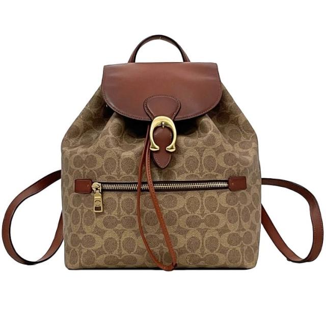 コーチ リュック ec-23485 ベージュ ブラウン シグネチャー 68563 美品 PVC レザー 中古 COACH バックパック フラップ 巾着 大容量 軽い ロゴ C金具 茶色 総柄 定番 人気 チャーム付 レディース メンズ 軽い ロゴ金具 ブランド 本物 鑑定済み