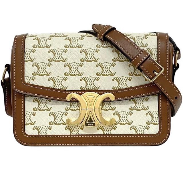 セリーヌ ショルダーバッグ f-21151 ホワイト ブラウン トリオンフ 188882 美品 フラップ PVC レザー 中古 CELINE ロゴ 肩掛け 斜め掛け 人気 女性 レディース コンパクト ゴールド金具 カジュアル 総柄 高級感 上品 お洒落 鞄 ブランド 本物 鑑定済み
