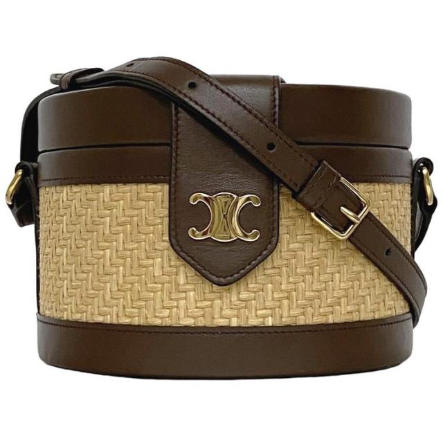 セリーヌ タンブール ショルダーバッグ f-21487 ベージュ ブラウン トリオンフ 美品 バケット ストロー レザー 中古 CELINE ロゴ 丸 筒形 ホック 人気 高級感 上品 女性 レディース お洒落 肩掛け アクセント ゴールド金具 カジュアル ブランド 本物 鑑定済み